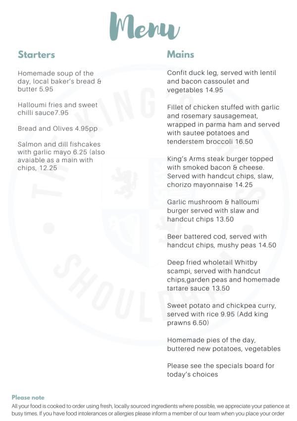 Sample Menu - King's Arms Shouldham